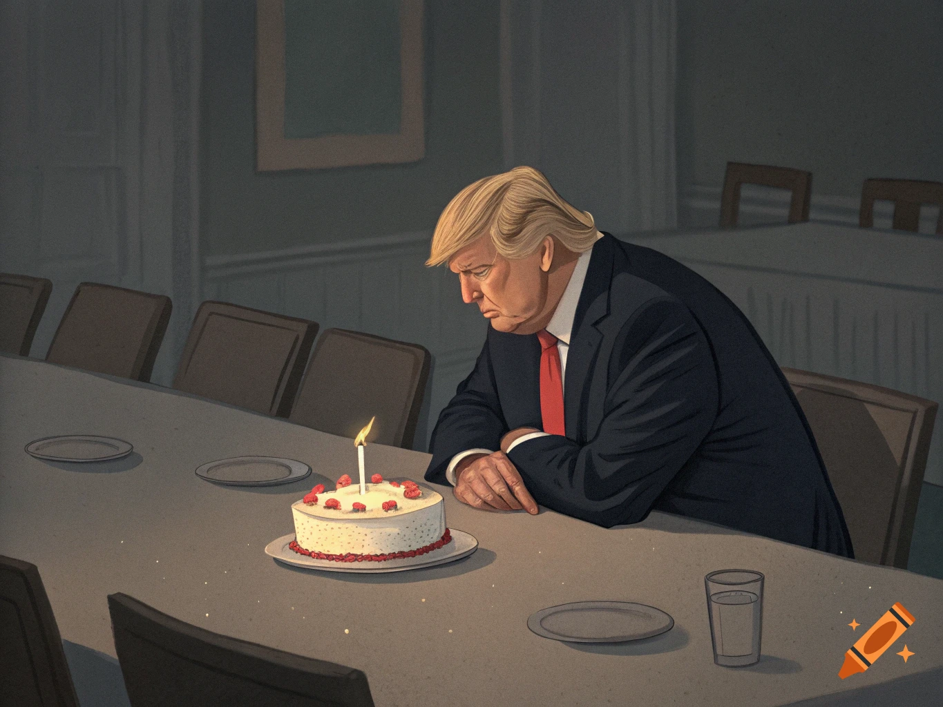 Illustration of Donald Trump sitting sadly at a table with a birthday ...