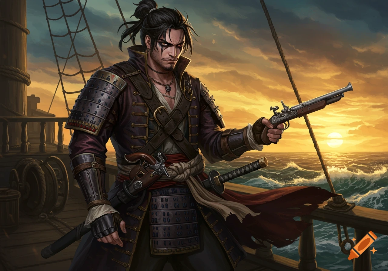 Japanese-inspired pirate samurai on a ship at sunset on Craiyon
