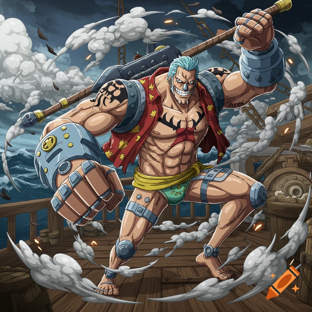 A muscular anime character with blue hair and metal arms stands on a ...