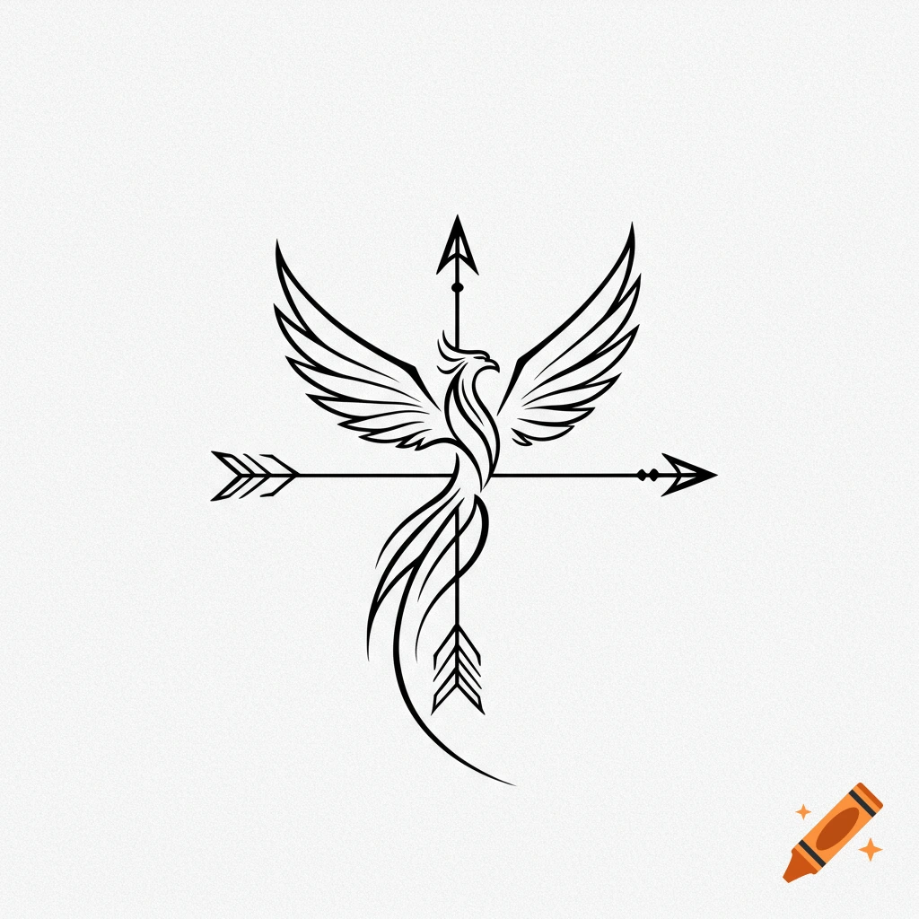 Minimalist line art tattoo design of a phoenix with arrows on a white ...