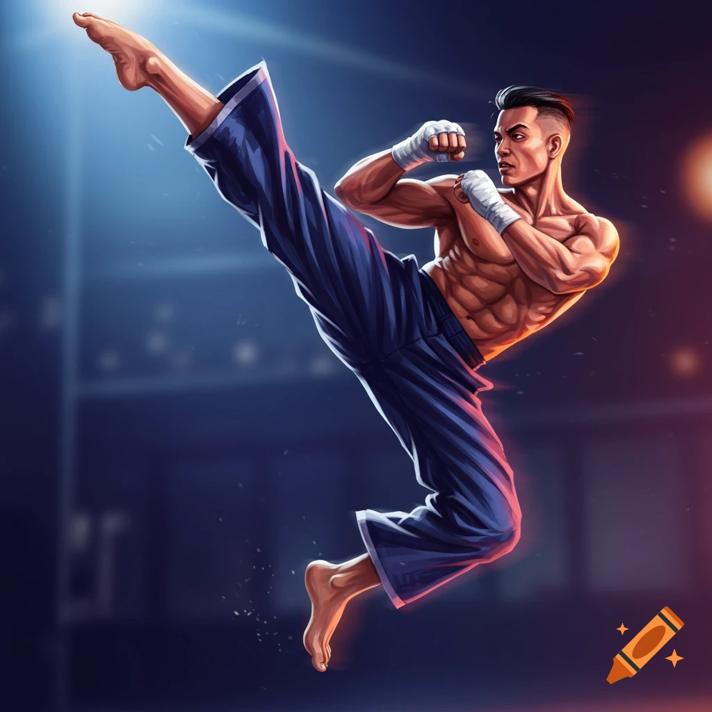 Illustration of a muscular man performing a dynamic high side kick. on ...