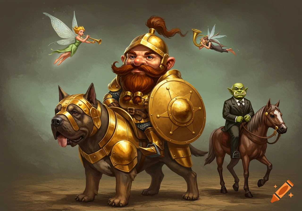 A gnome in golden armor rides an armored mastiff, followed by an orc ...