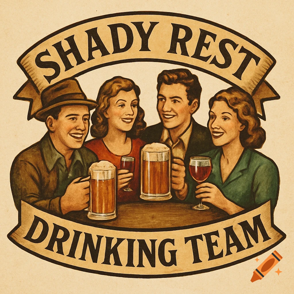 Retro logo with four people holding drinks and text banners "Shady Rest ...