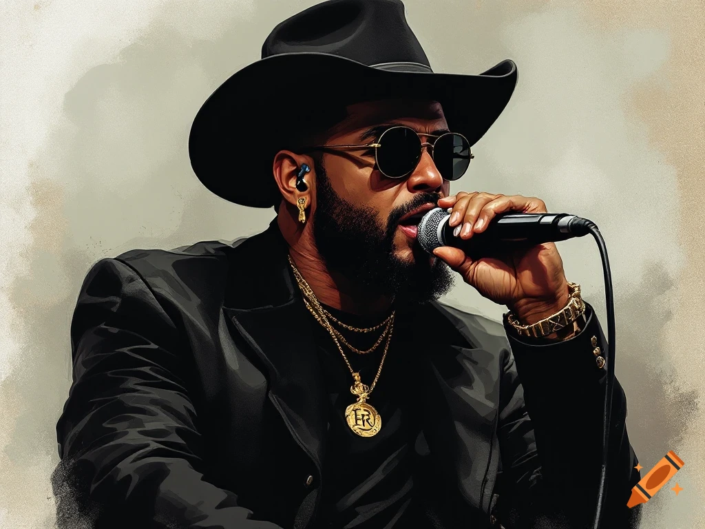 Illustration of a man in a cowboy hat, sunglasses, and suit singing ...