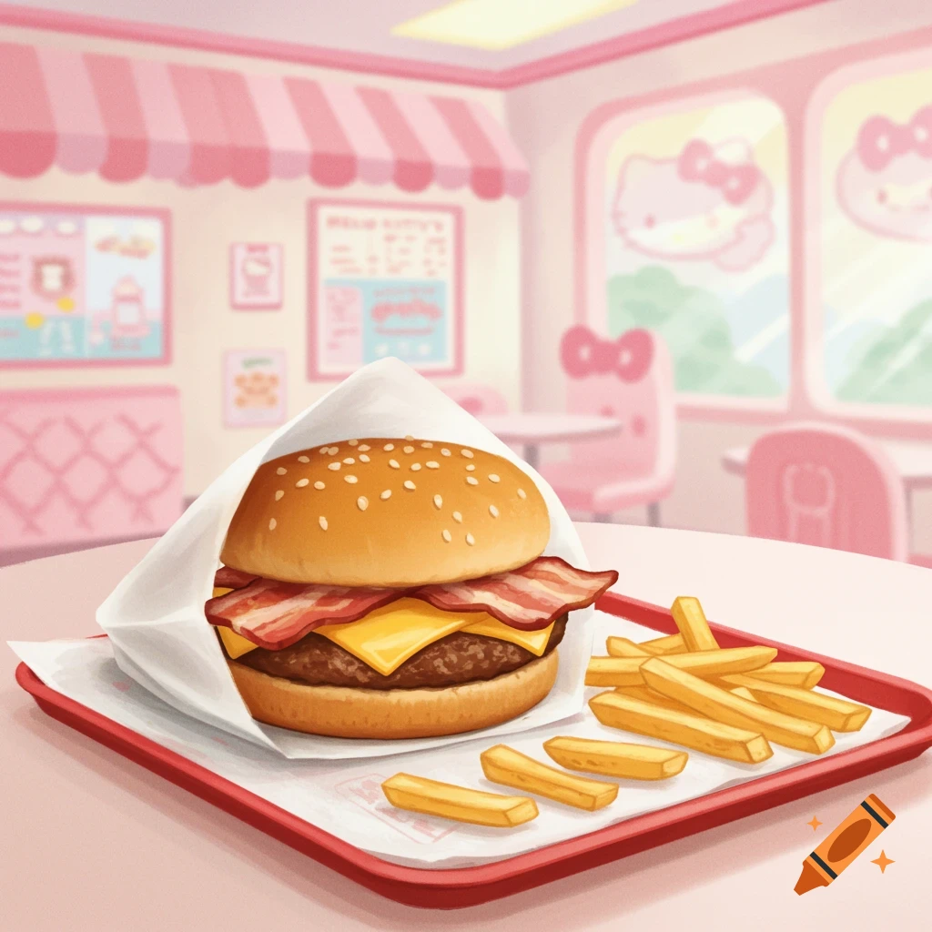 A bacon cheeseburger and fries on a tray in a pink Hello Kitty-themed ...