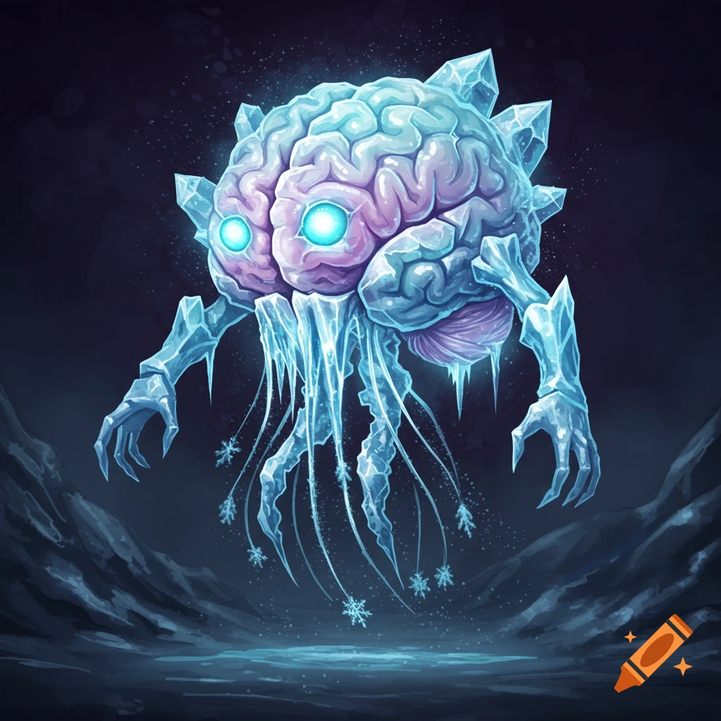 A stylized creature with an ice brain, crystal eyes, and icy tendrils ...