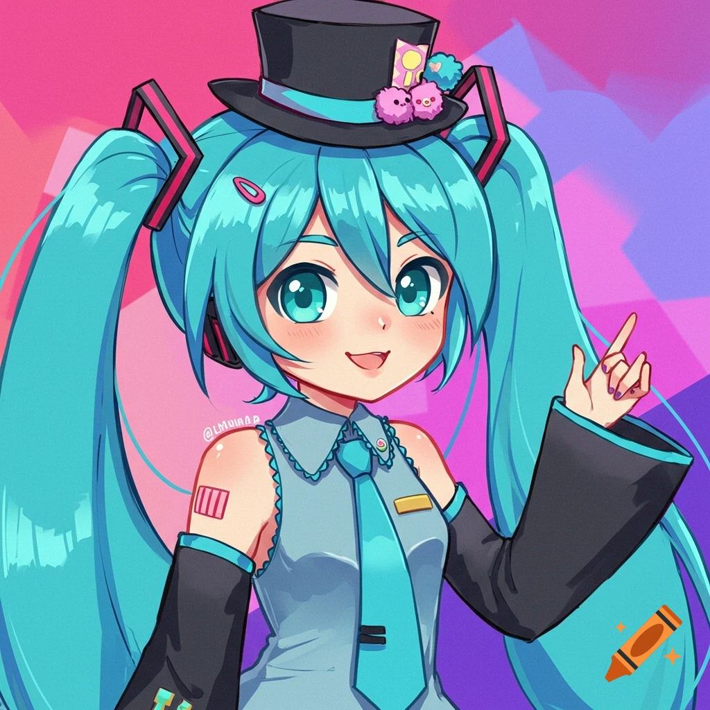 A cartoony drawing of Hatsune Miku wearing a top hat and pointing. on ...