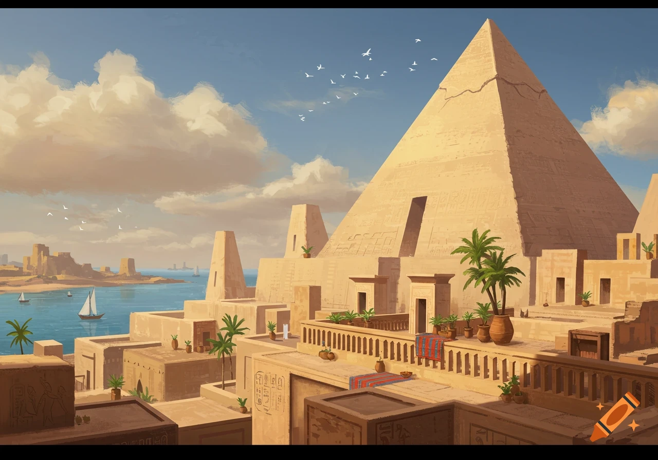 Illustrative scene of an ancient Egyptian city with a large pyramid ...