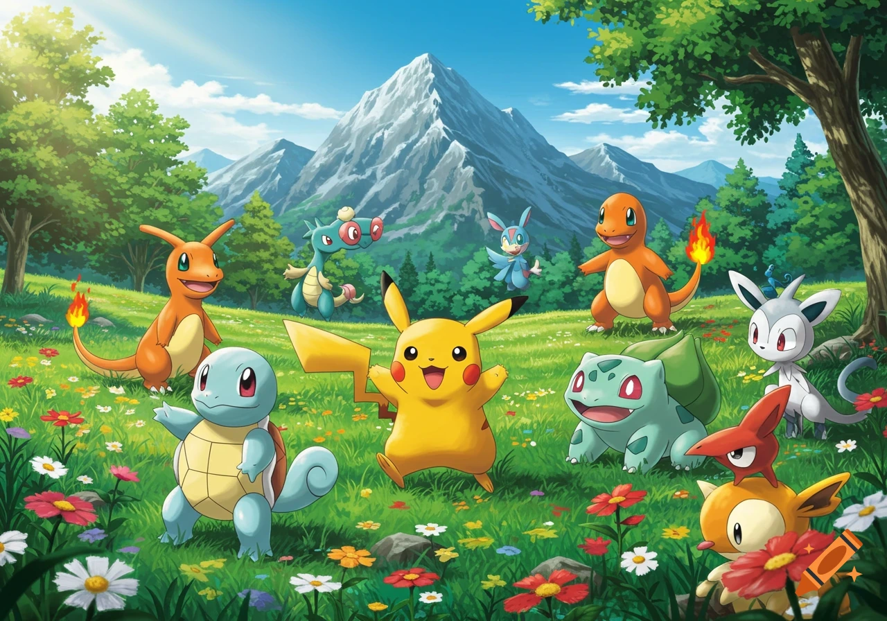 Pokemon characters in a grassy field with flowers and mountains in the ...