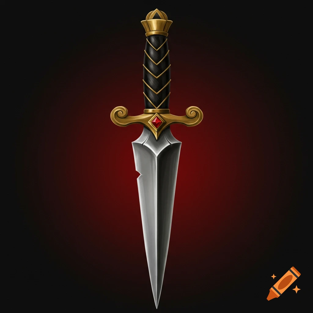 A stylized fantasy dagger with a black handle, gold guard and pommel ...