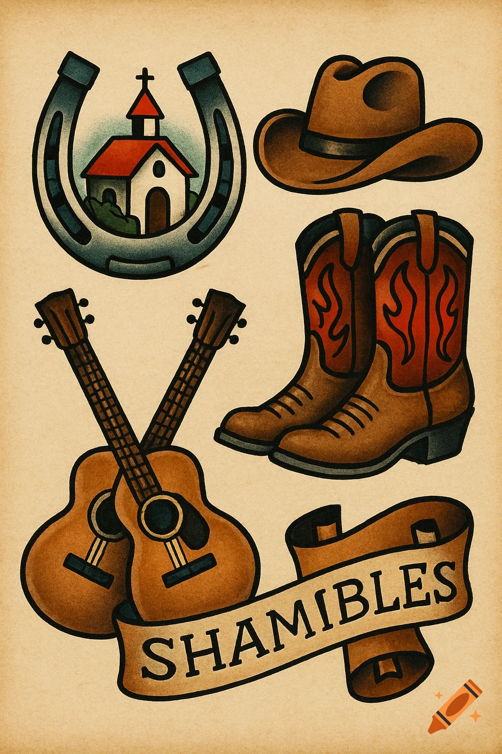 Old school tattoo flash art with a horseshoe chapel, cowboy hat, boots ...