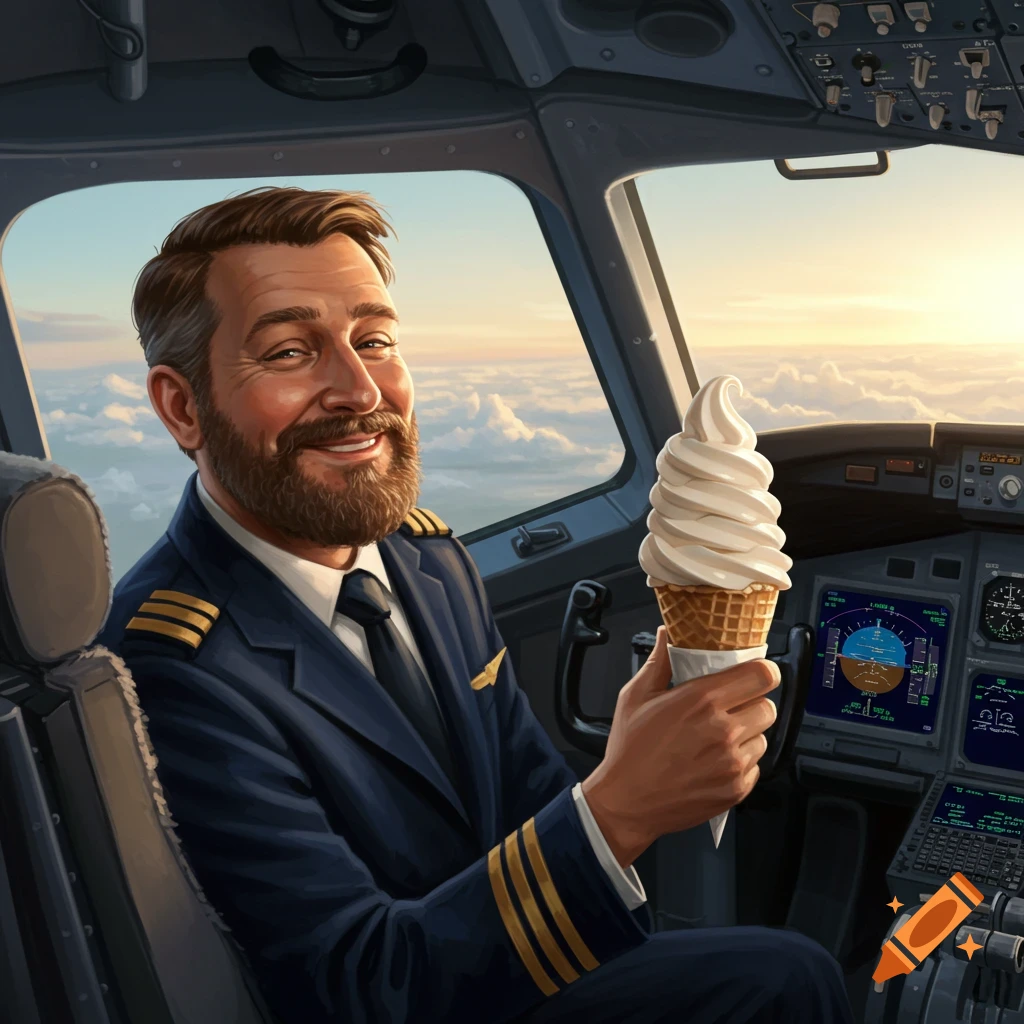 A smiling pilot in a cockpit holds up a soft-serve ice cream cone. on Craiyon
