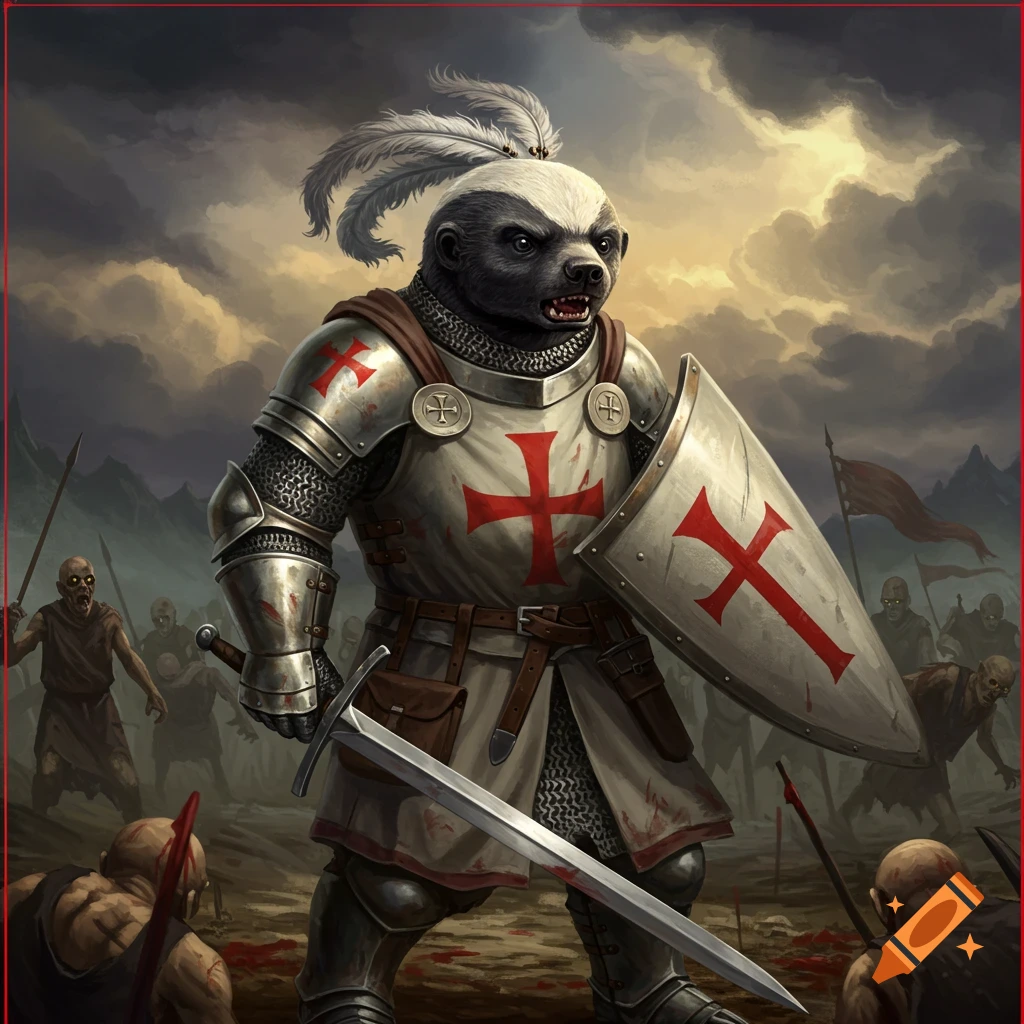 A honey badger in knight armor with sword and shield stands among ...