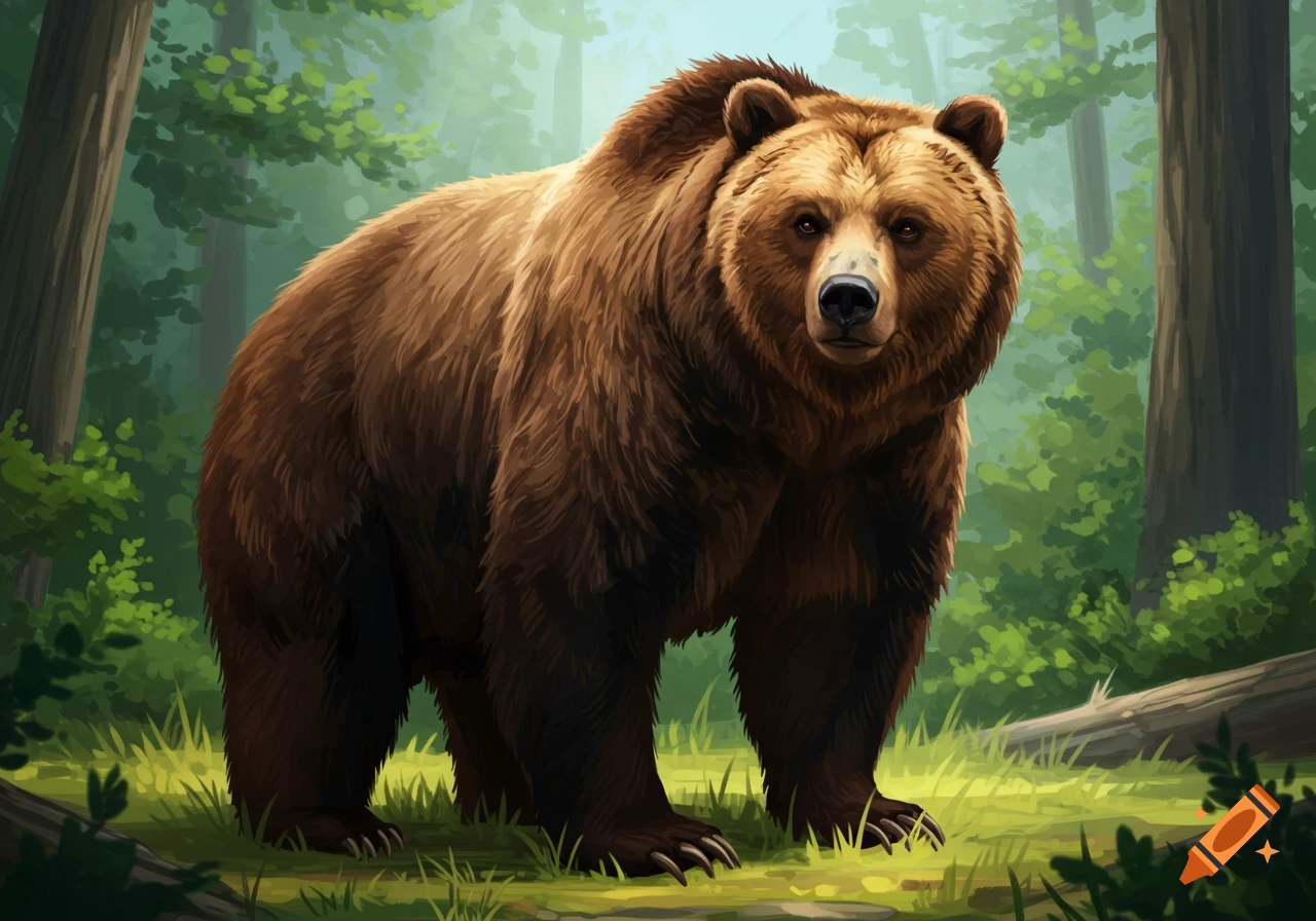 A large brown bear stands in a forest clearing in an illustration. on ...