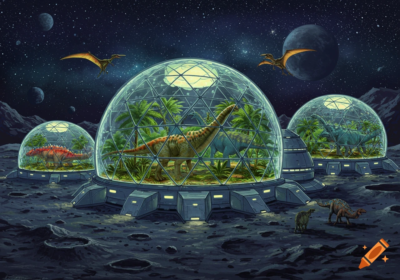Illustration of dinosaurs in glass domes on a moon surface under a ...