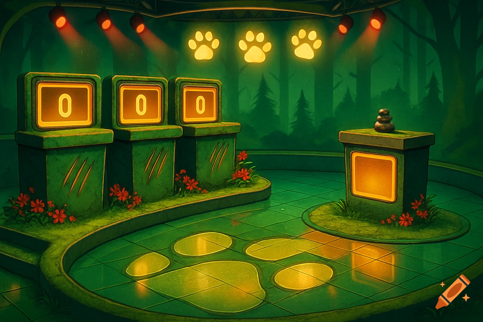 A stylized game show stage featuring green lighting, three scoreboards ...