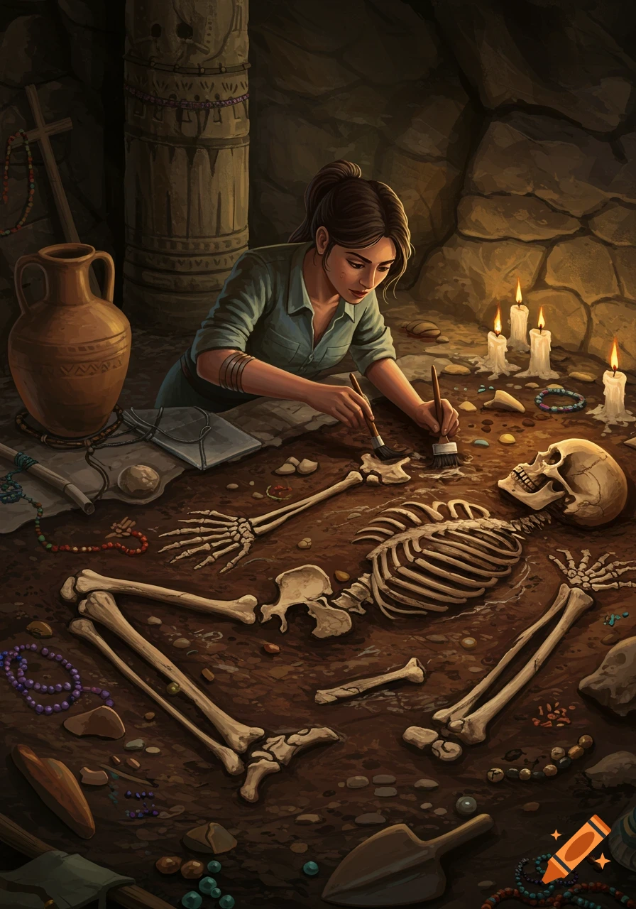 Woman archaeologist excavating a skeleton and artifacts in a cave. on ...