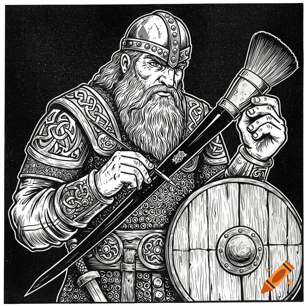 Black and white clip art of a Viking warrior holding a large detail ...