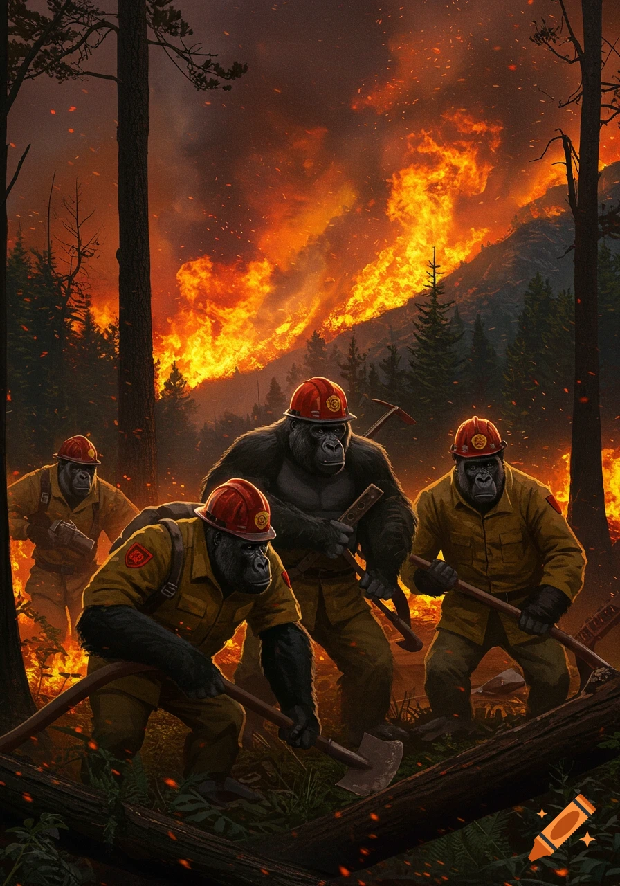 Gorilla wildland firefighters battle a forest fire on Craiyon