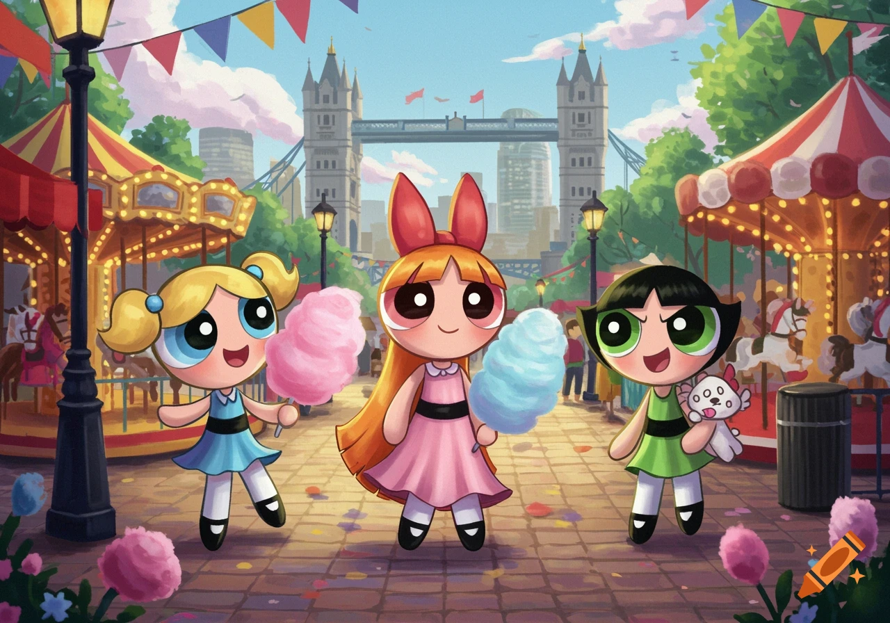 The Powerpuff Girls, Bubbles, Blossom, and Buttercup, hold cotton candy ...