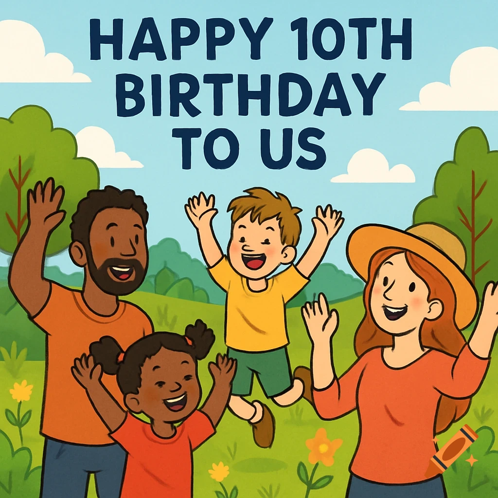 Cartoon family waving outdoors with text 'Happy 10th Birthday to us' on ...