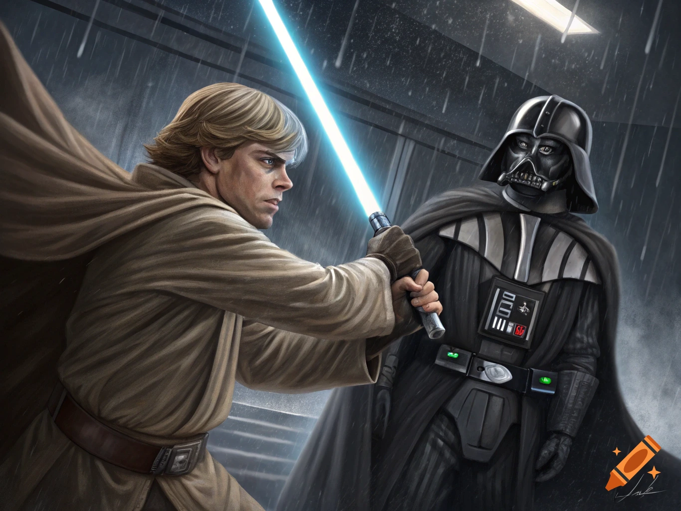 Illustration of Luke Skywalker fighting Darth Vader with lightsabers in ...