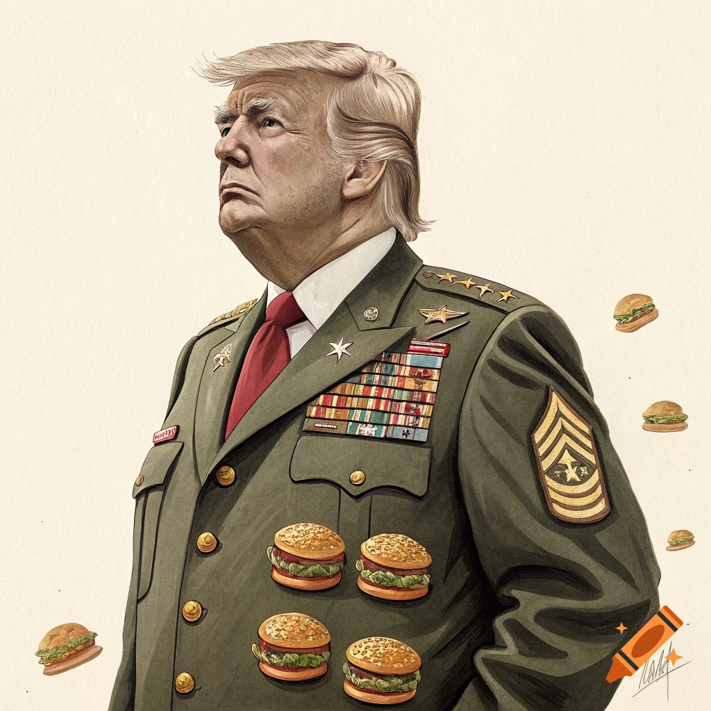 Illustration of Donald Trump in military uniform with hamburgers as ...
