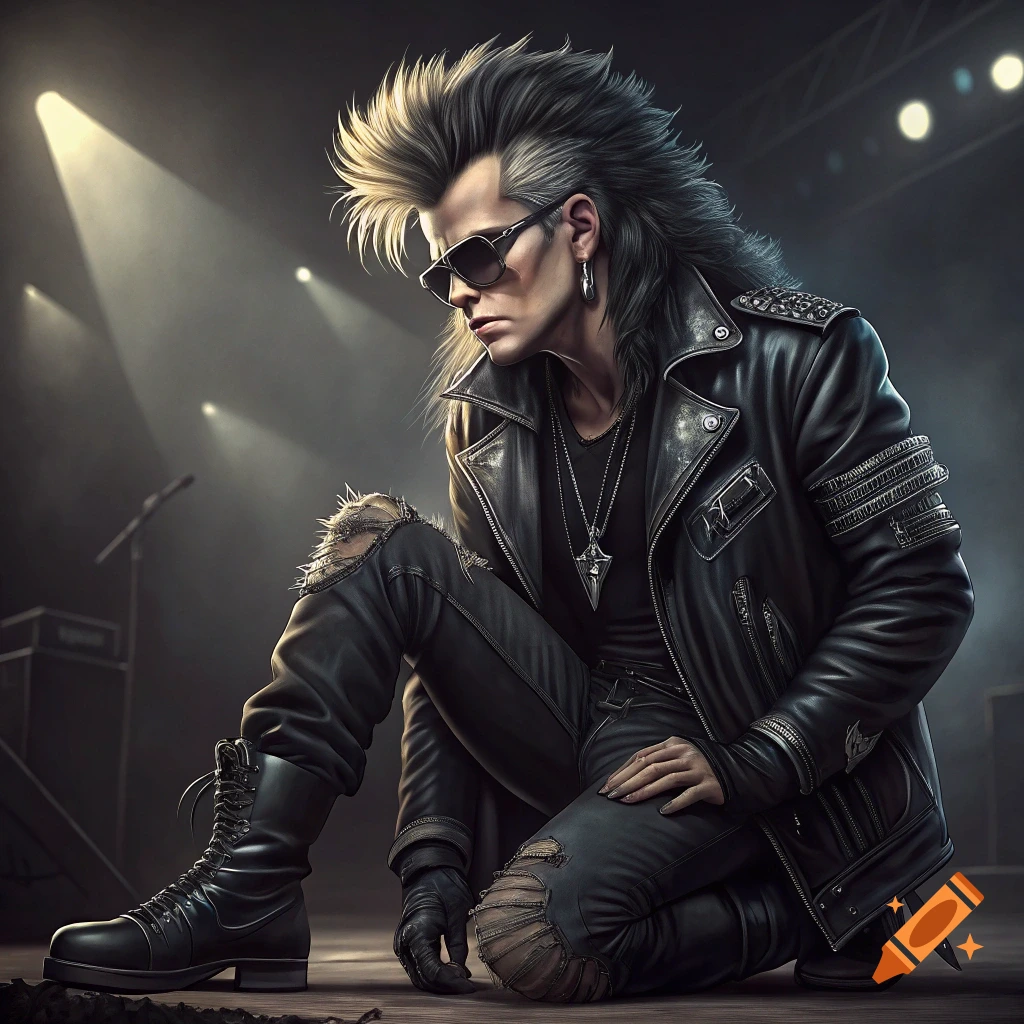 A rock star with spiky hair and a leather jacket poses on a stage under ...