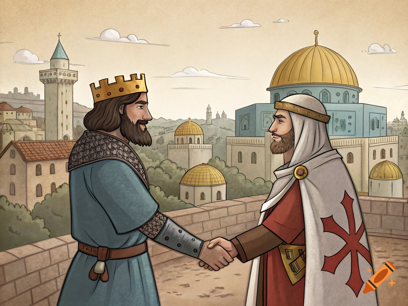 Cartoon illustration of Richard the Lionheart and Saladin shaking hands ...