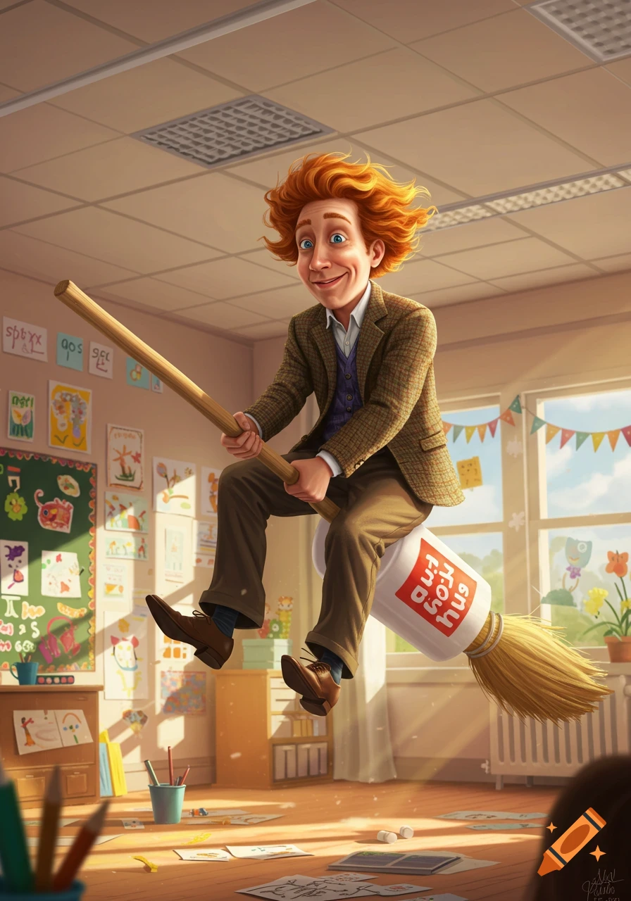 Cartoon teacher flying on a giant glue stick broom in a classroom. on ...
