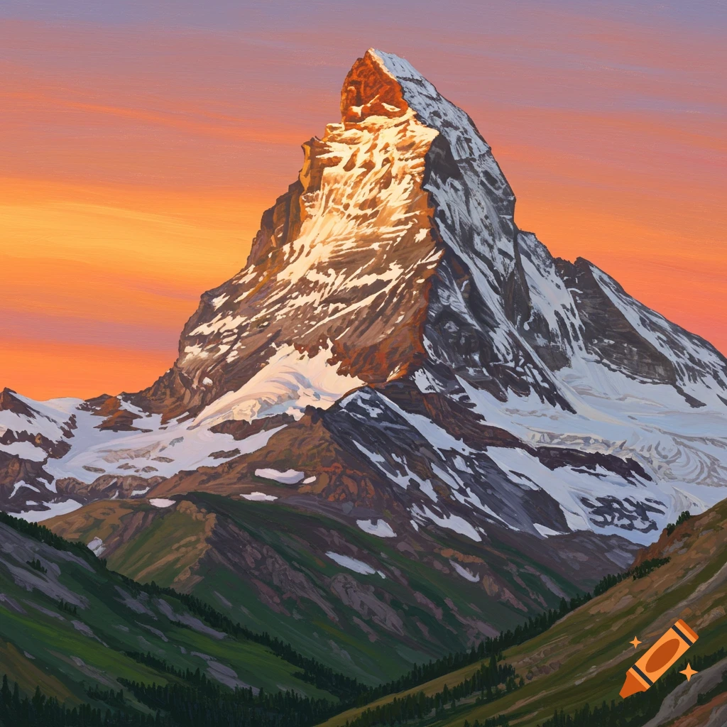 A stylized painting of a snow-capped mountain peak bathed in the warm light of a sunset. on Craiyon