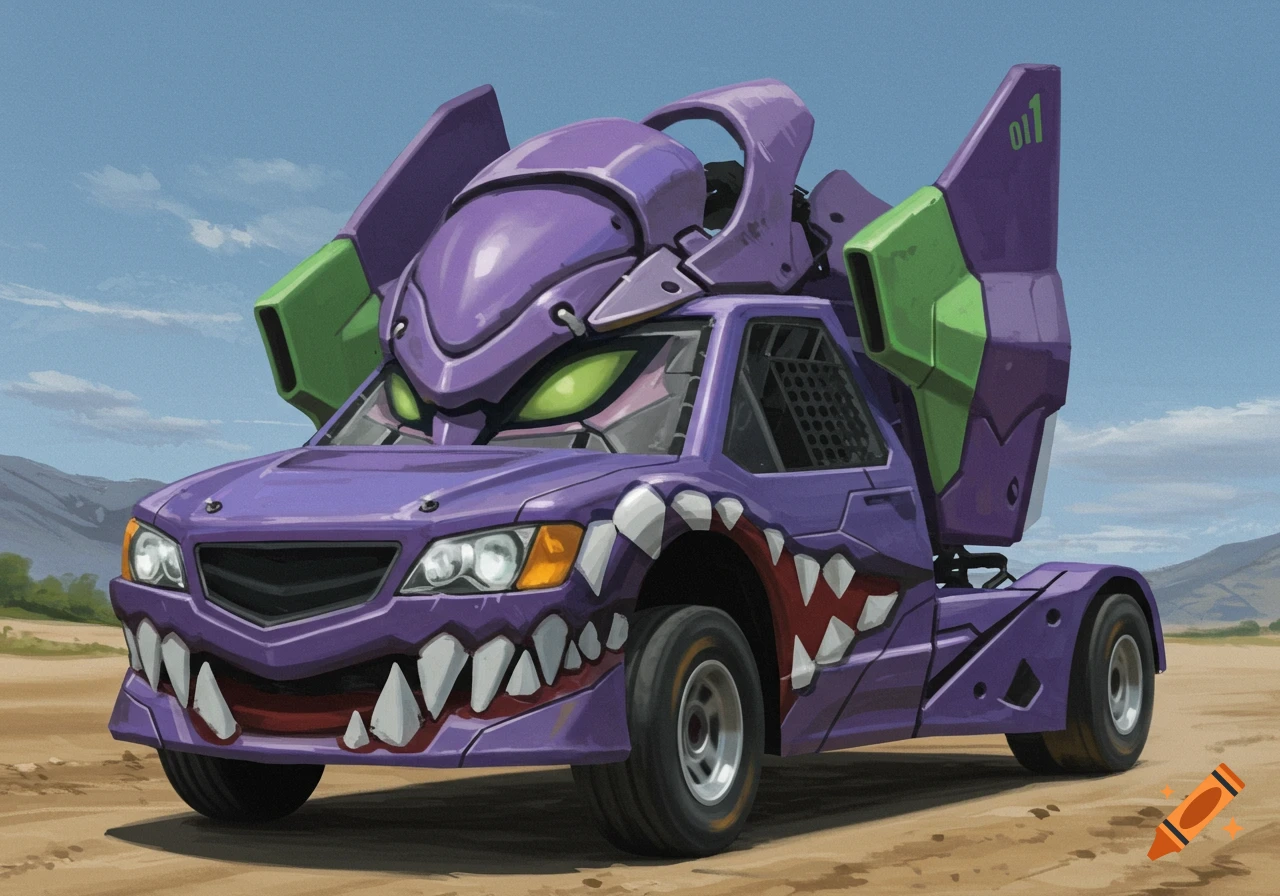 A stylized purple truck with giant teeth and eyes, resembling ...