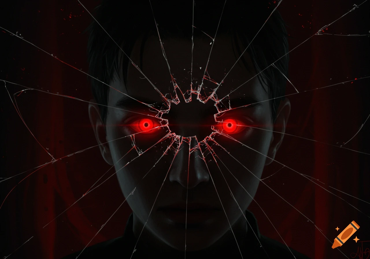 Face with glowing red eyes seen through shattered glass. on Craiyon