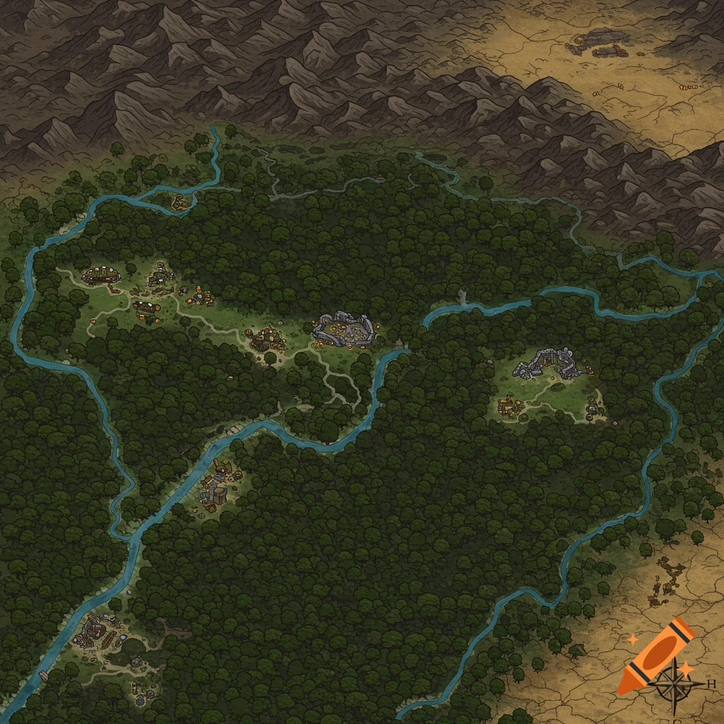 Top-down fantasy map of a forested region with rivers, mountains, and ...