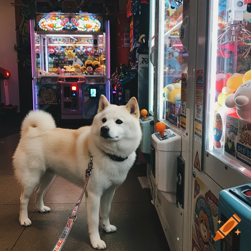 A white shiba stands in an arcade near crane games. on Craiyon