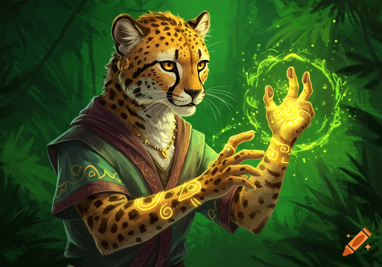 A cheetah tabaxi wizard in a robe performs magic in a jungle setting ...