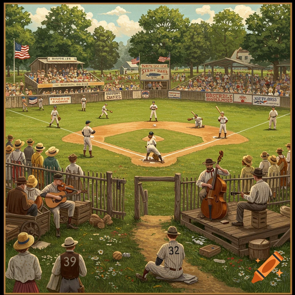 Vintage style illustration of an old-time baseball game with fans and ...