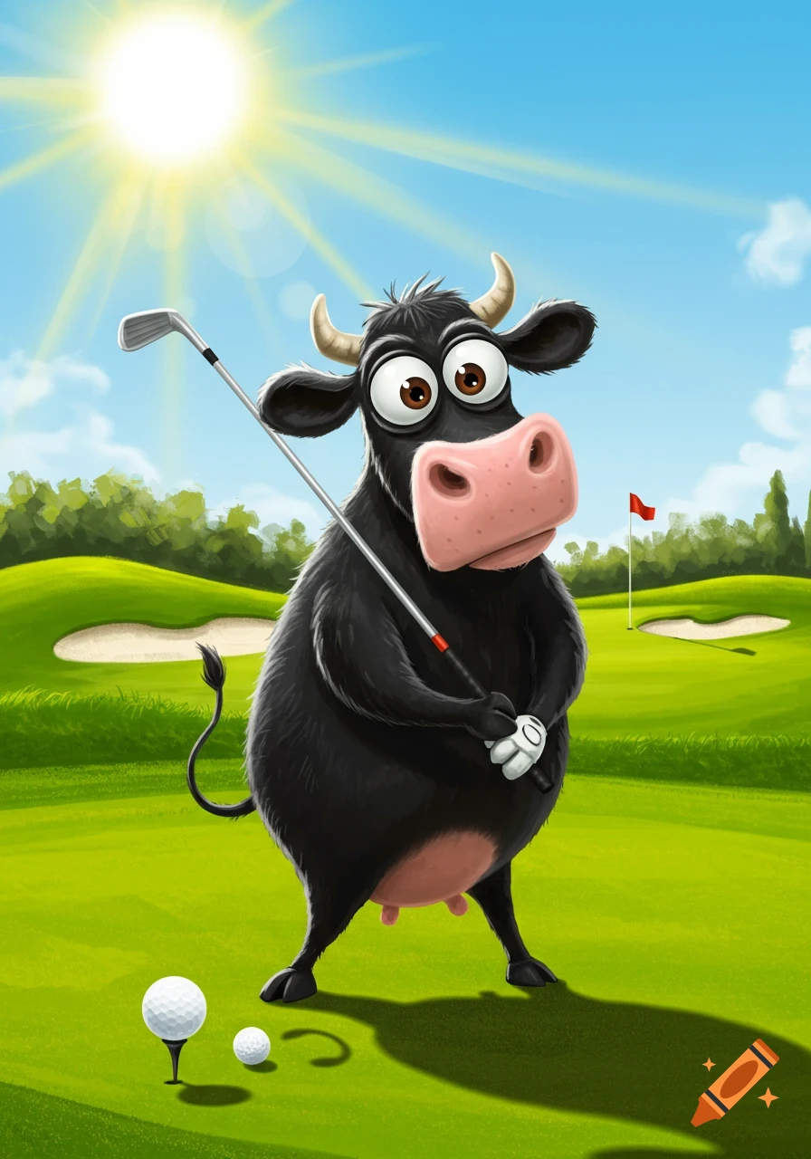 A cartoon cow stands on a golf course, holding a golf club, with golf ...