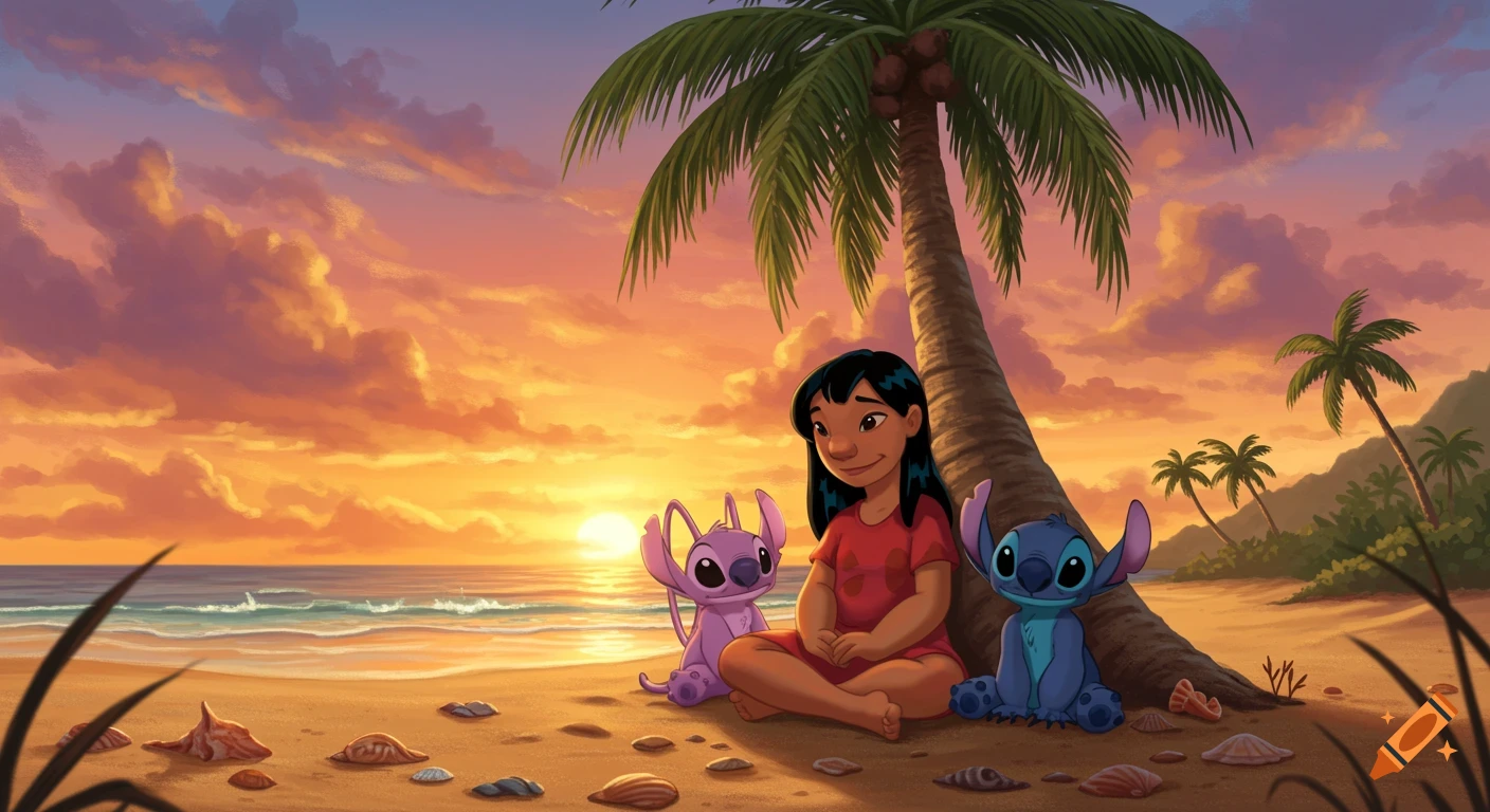 Lilo, Stitch, and Angel sit under a palm tree on a beach at sunset. on ...