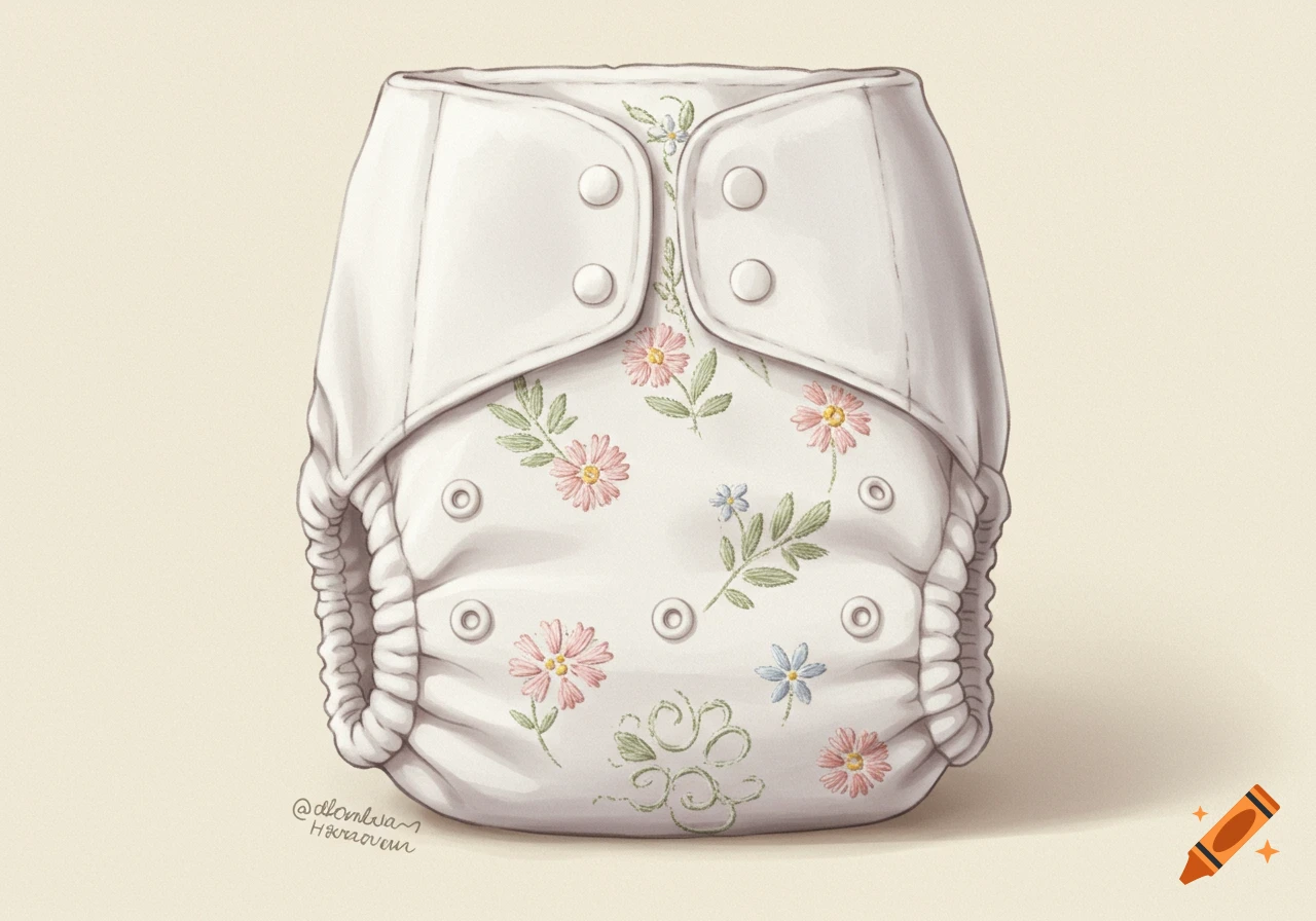 Illustration of a white cloth diaper with a floral pattern on Craiyon