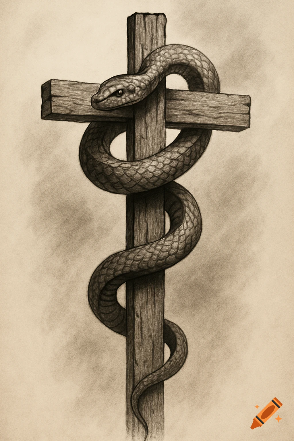 Sepia pencil sketch of a snake coiled around a wooden cross. on Craiyon
