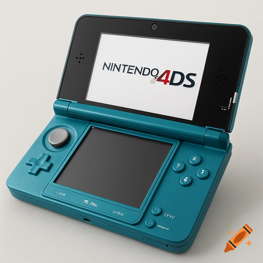 A teal portable gaming console with 'Nintendo 4DS' on the screen. on Craiyon