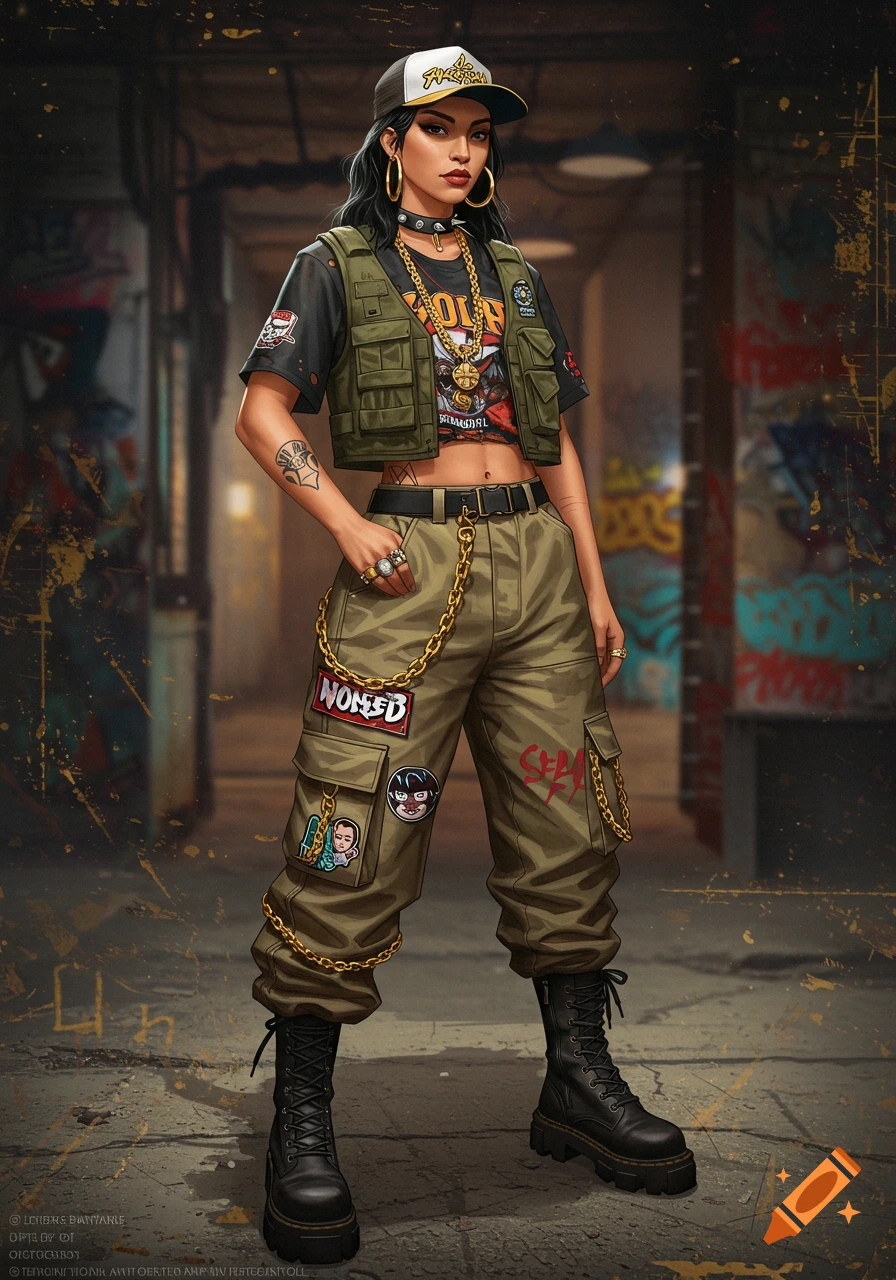 Full body illustration of a woman in hip-hop/utilitarian style clothing ...