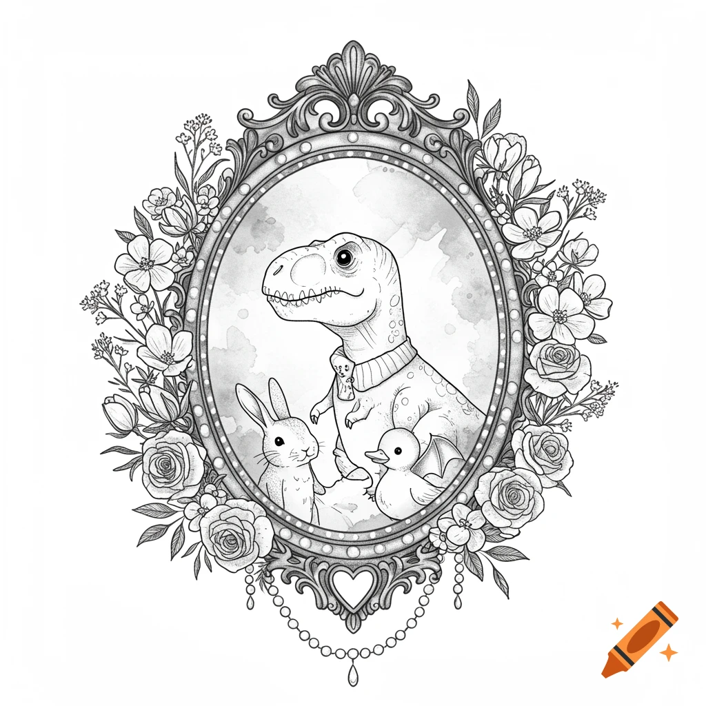 Black and white illustration of a T-Rex, bunny, and bird in a floral ...
