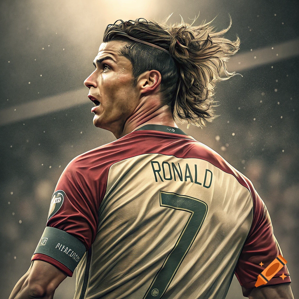 Close-up of soccer player Ronaldo from behind, wearing a jersey with RONALD 7. on Craiyon