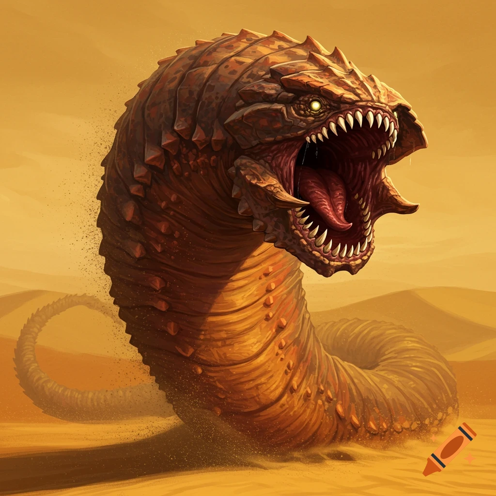 A giant sand worm monster with sharp teeth and a large mouth in the desert. on Craiyon