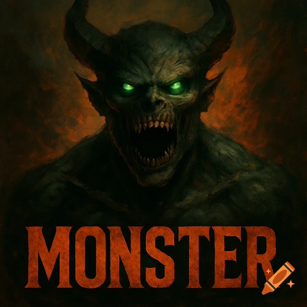 A dark fantasy portrait of a monster with glowing green eyes and the ...