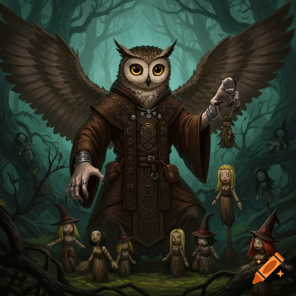 Large humanoid owl in robe holds a bundle, surrounded by dolls in a ...