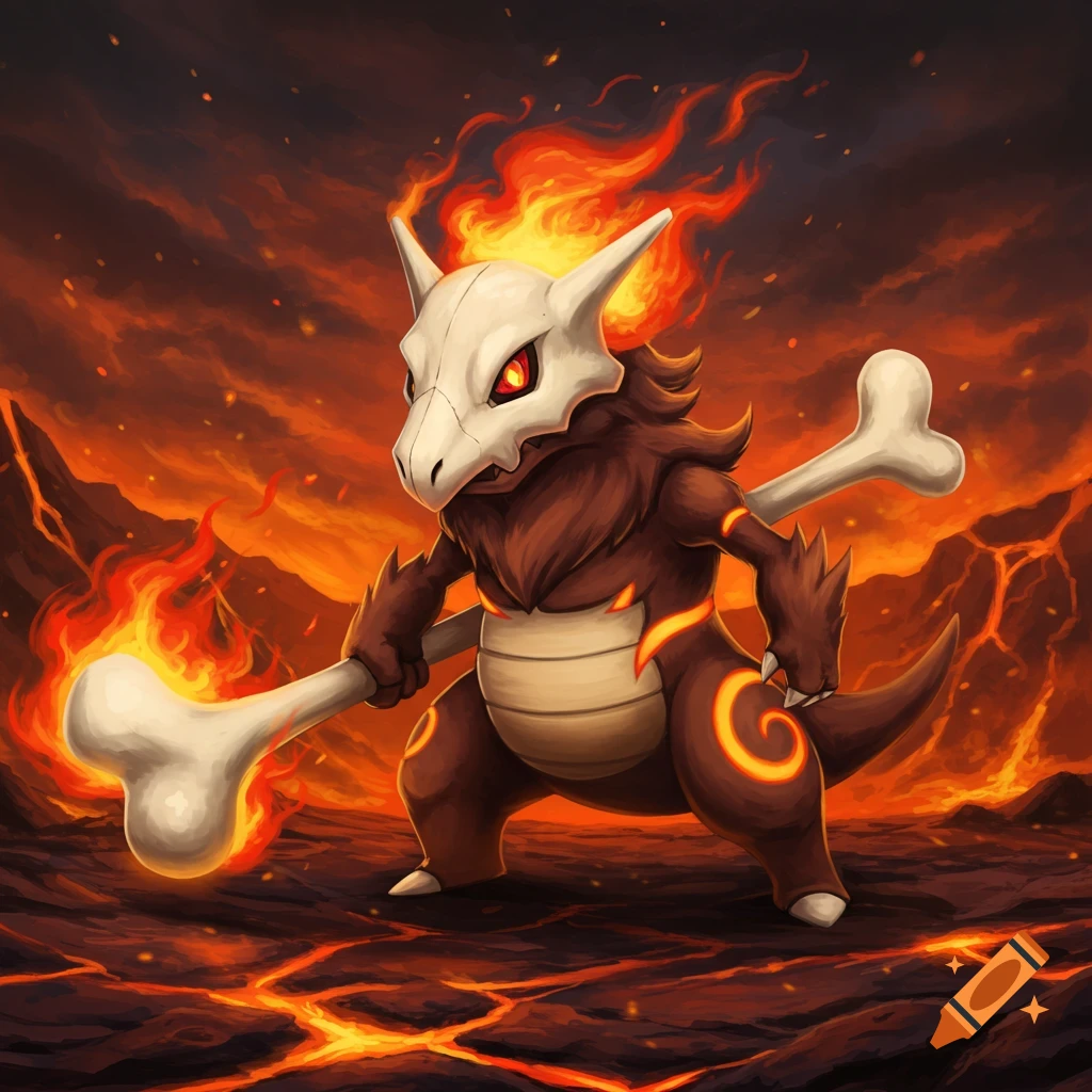 A stylized Marowak evolution concept with fire on its head and bone ...