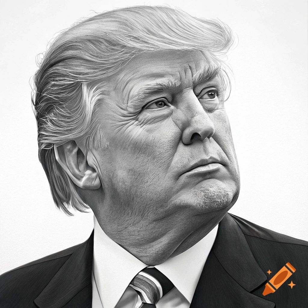 Black and white sketch-style portrait of Donald Trump looking upwards ...